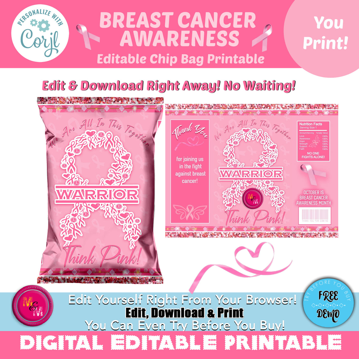 Editable Breast Cancer Awareness Chip Bag – Mug+Mouse Designs