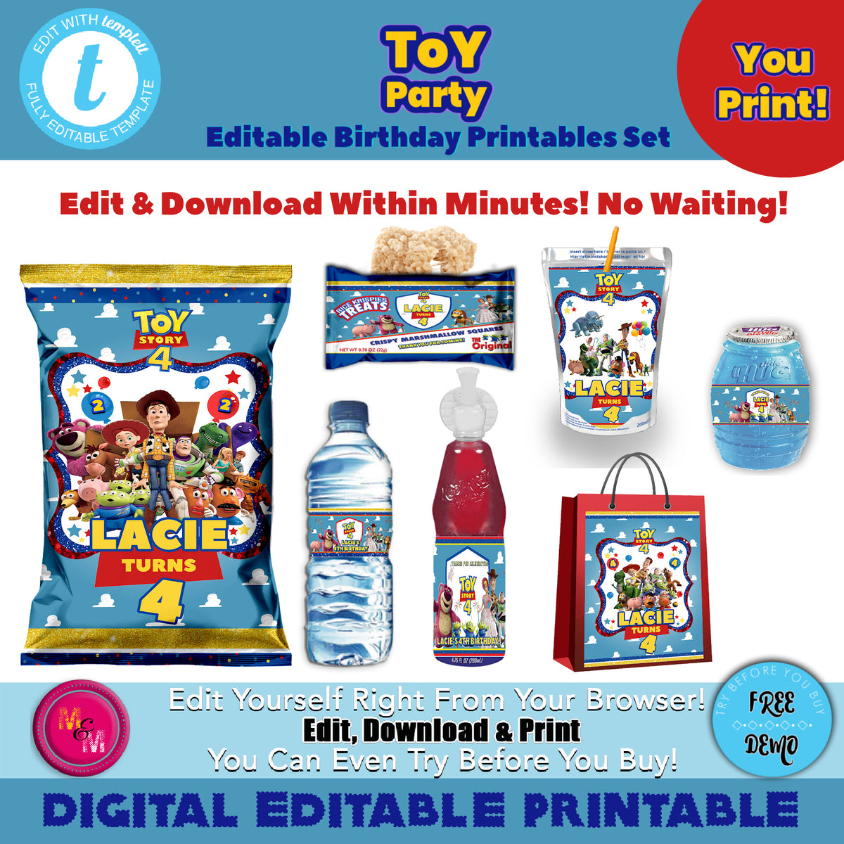 Editable Toy Party Party Kit, Toy Party Chip Bag, Toy Party Capri Sun ...