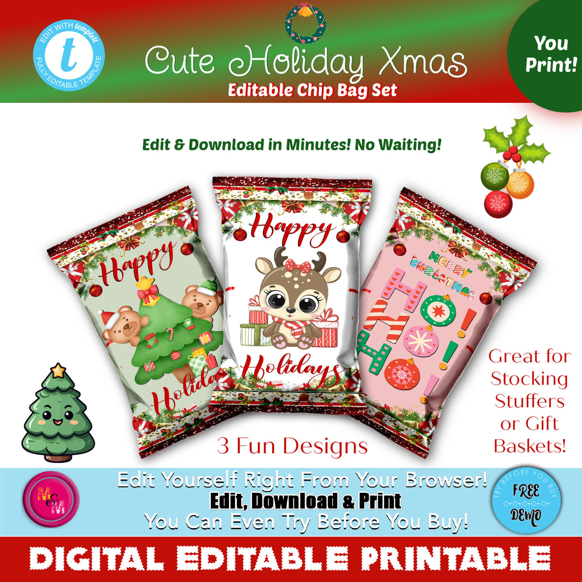 Editable Cute Holiday Chip Favor Bags | Cute Christmas Favor Bags | Ho ...