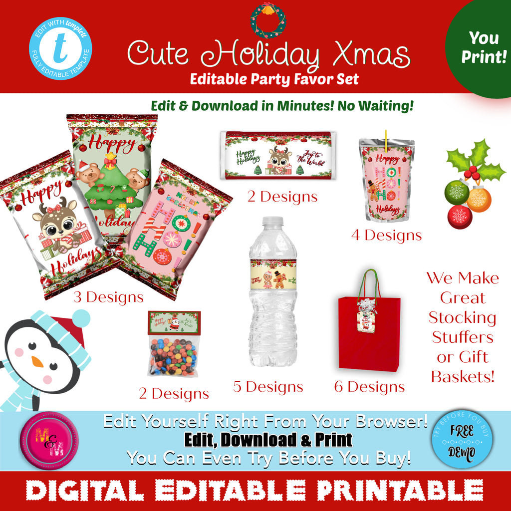 Editable Cute Holiday Chip Favor Bags | Cute Christmas Favor Bags | Ho ...