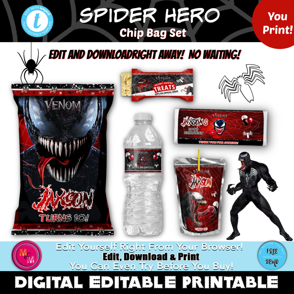 Editable Venom Chip Bag Set | Venom Party Favors | Venom Party Templat – Mug+Mouse Designs