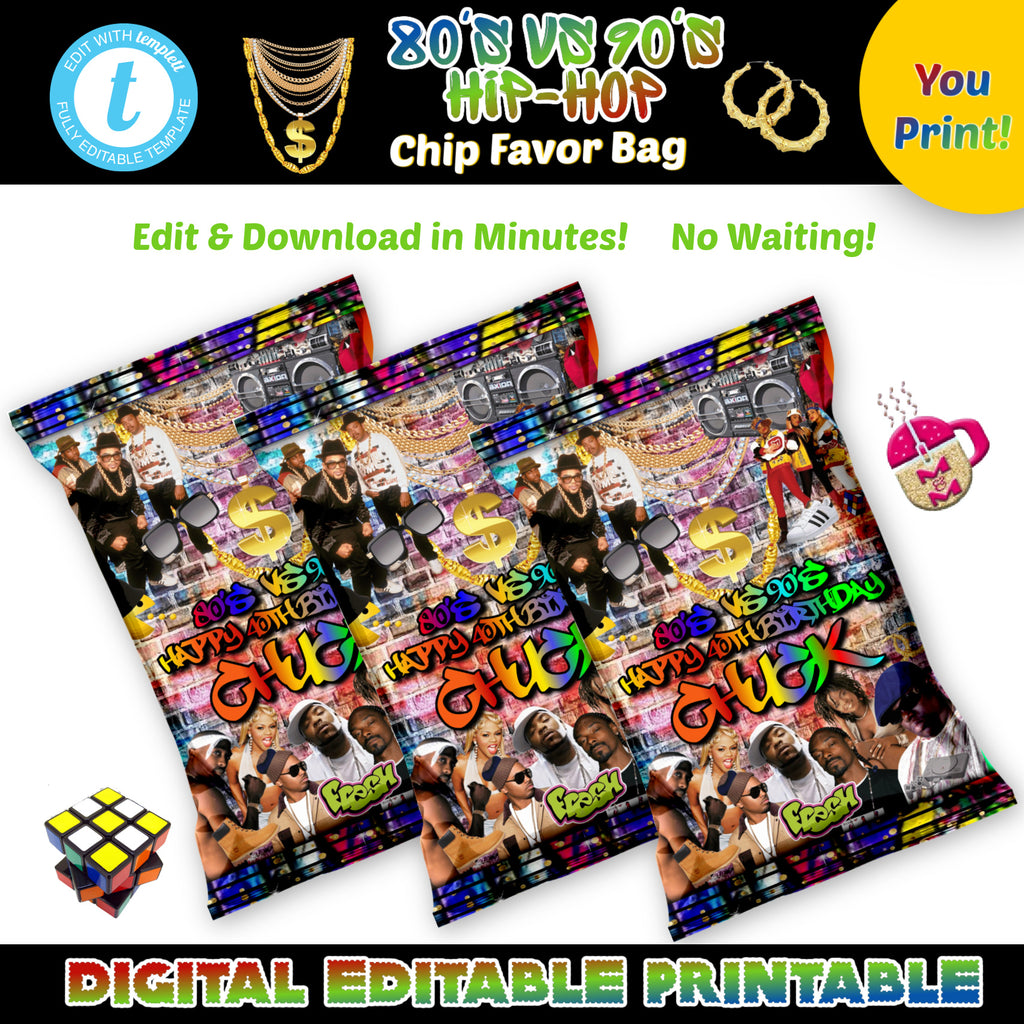 Editable 80's vs 90's Chip Bag | Hip Hop Party Favors | Retro Party fa ...
