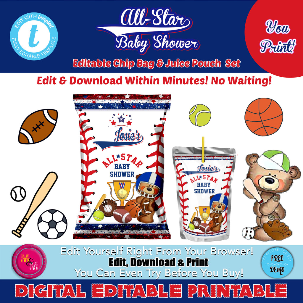 Editable All-Star Baby Shower Sports Chip Bag, Sports Baby Shower Chip ...