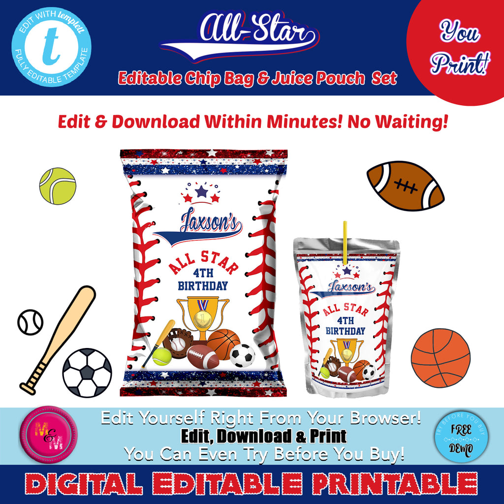 Editable All-Star Sports Chip Bag, Sports Chip Bag Template, Sports Th ...