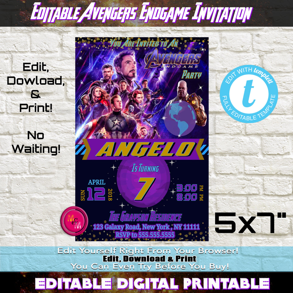 Editable Avengers Endgame Birthday Party Invitation – Mug+Mouse Designs