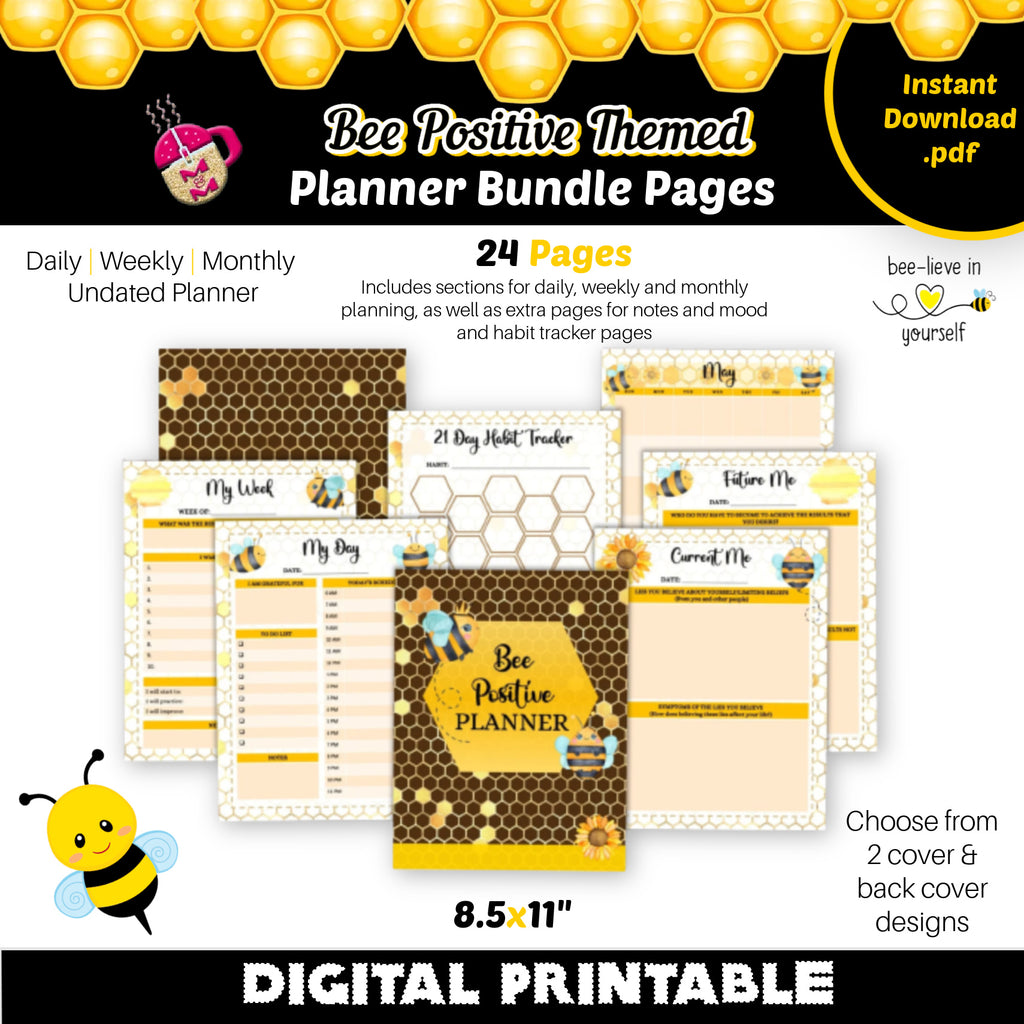 Bee Positive Thinking Daily Planner | Day Week Monthly Bee-Themed Plan ...