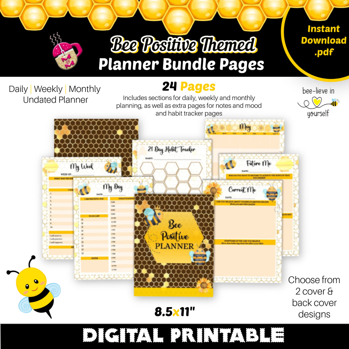 Bee Positive Thinking Daily Planner | Day Week Monthly Bee-Themed Plan ...