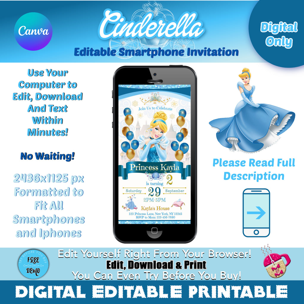Editable Cinderella Smartphone Invitation | Cinderella Mobile Phone In ...