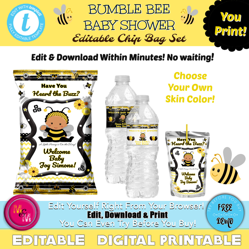 Editable Bumble Bee Baby Shower Chip Bag Set, Bee Baby Shower Party Fa ...