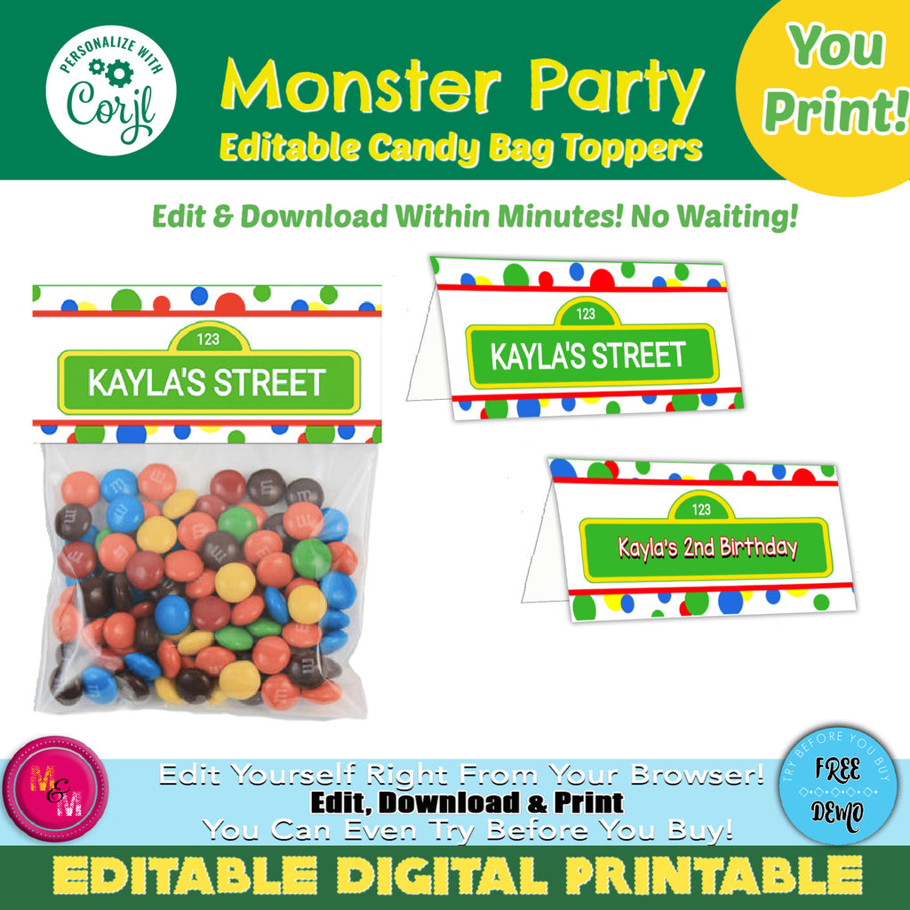 Editable Monster Party Candy Bag Toppers – Mug+Mouse Designs