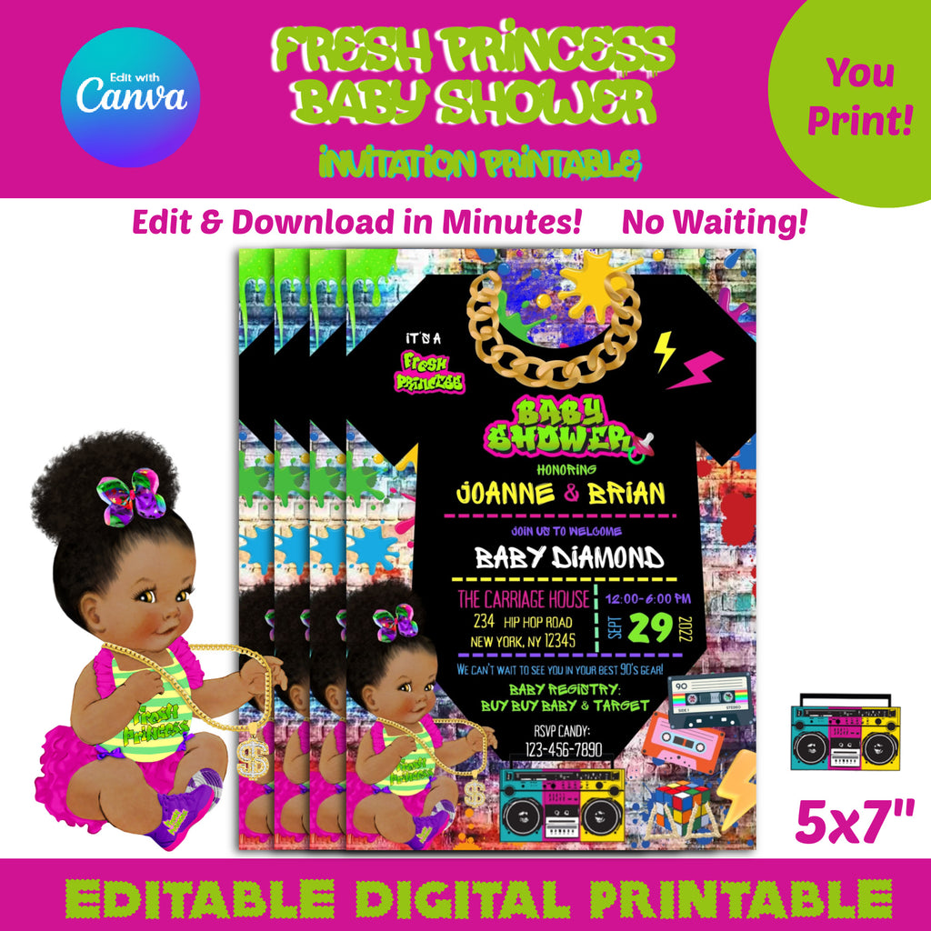 Editable Fresh Princess Baby Shower Invitation, Hip-Hop Baby Shower, E ...