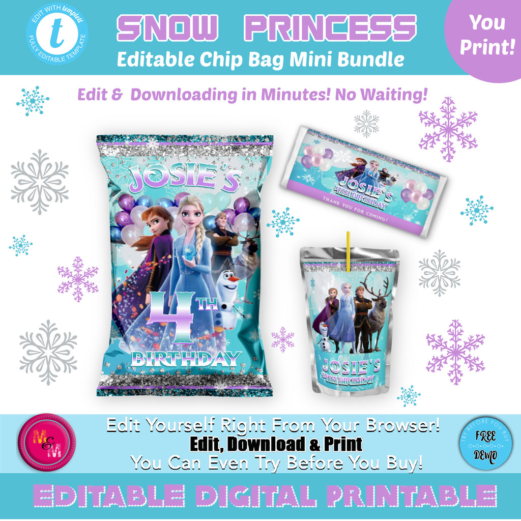 Editable Snow Princess Chip Bag Set, Snow Princess Party Favors – Mug ...