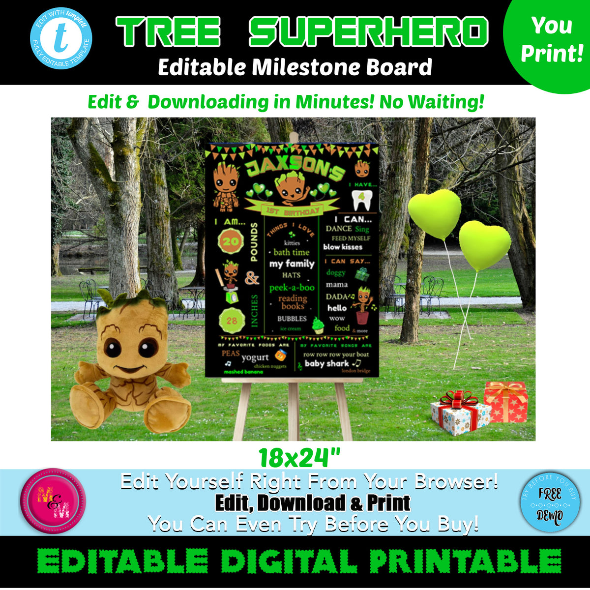 Editable Baby Tree Superhero Party Milestone Board 18x24", Baby Tree P ...