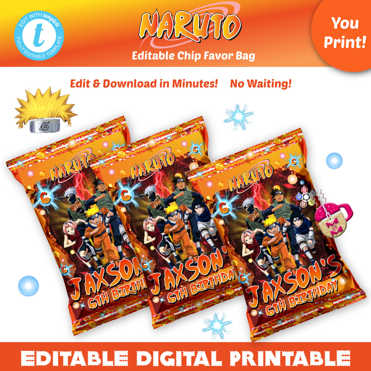 Editable Anime Chip Bag, Naruto Party Favors, Gamer Party favors – Mug ...