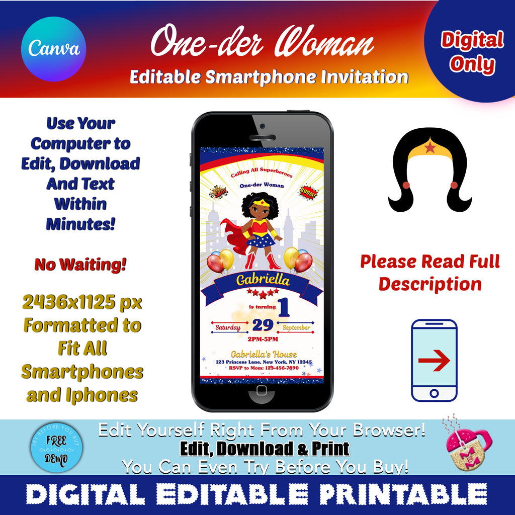 Editable One-der Woman Smartphone Invitation | Wonder Woman Mobile Pho ...
