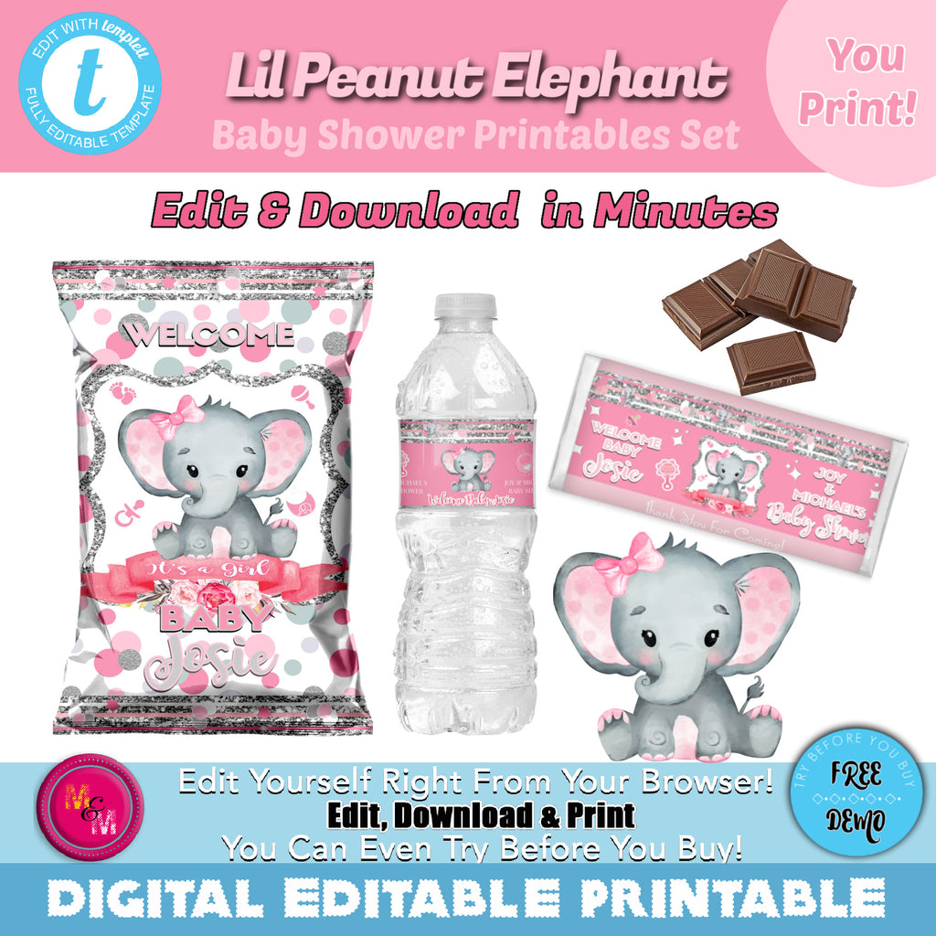 Editable Pink Lil Peanut Elephant Baby Shower Chip Bag Set, Elephant W ...