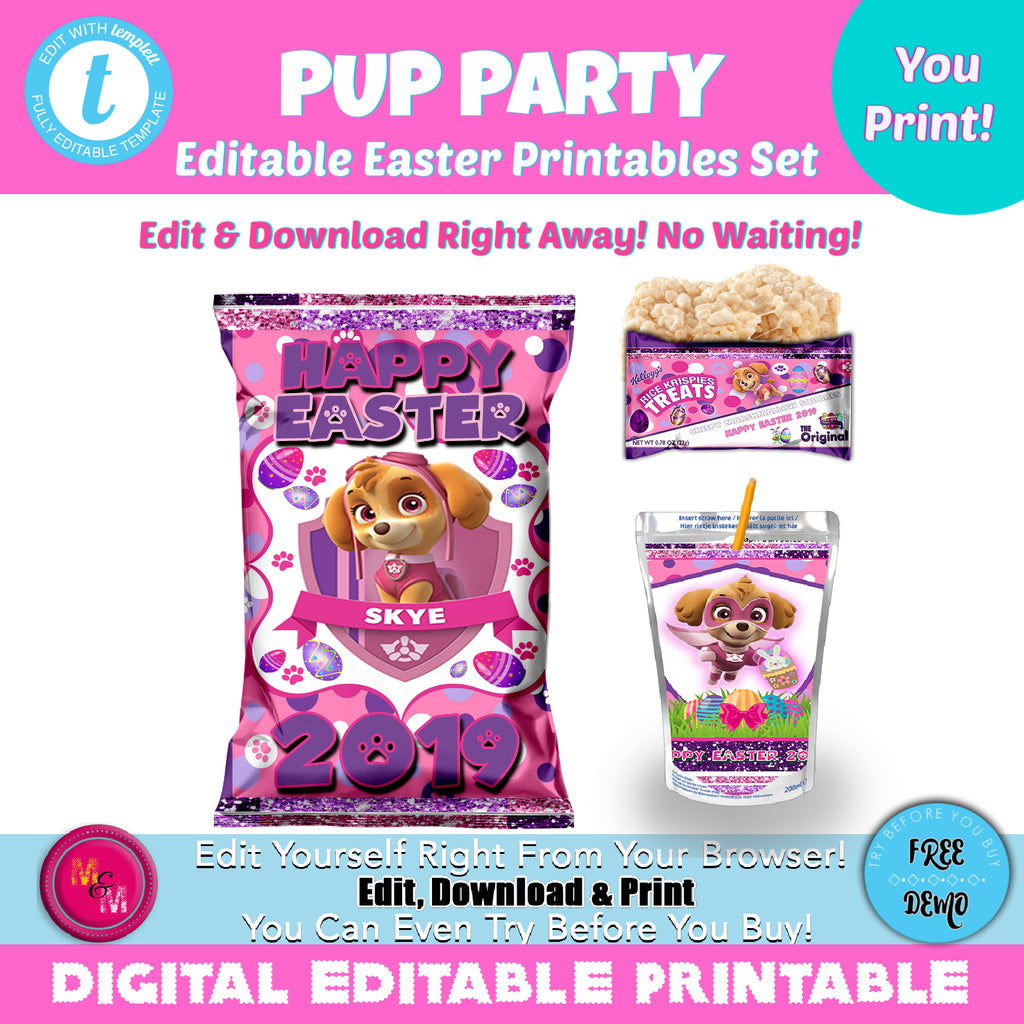 Editable Pink Pup Party Easter Chip Bag & Juice Pouch Label Set, Pink ...