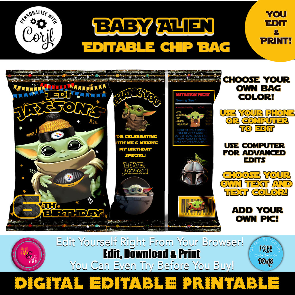 Editable Football Baby Alien Chip Bag, Baby Alien Party Favors Templat ...
