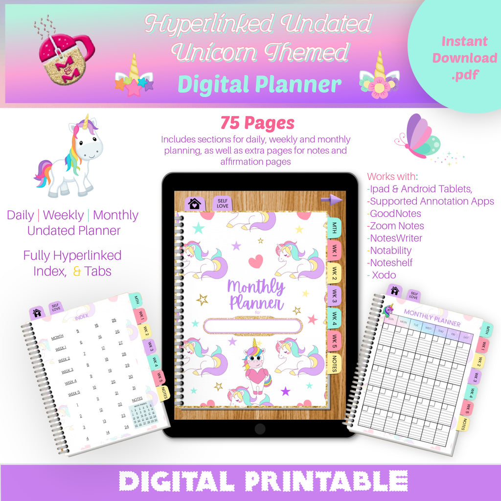 Monthly Weekly Daily Hyperlinked Digital Planner | Unicorn Themed Digi ...