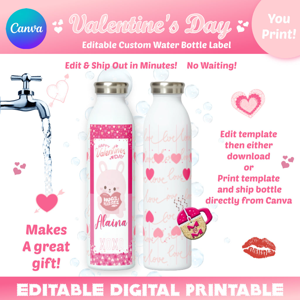 Editable Valentine's Day Water Bottle Label Template, Custom Valentine ...