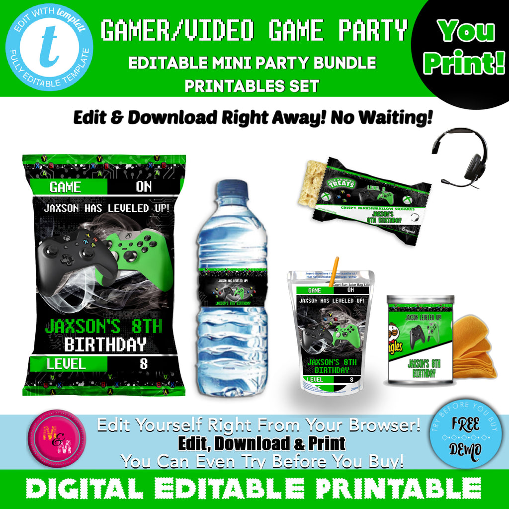 Editable Gamer Party Mini Bundle Set, Video Game Chip Bag, Video Game ...