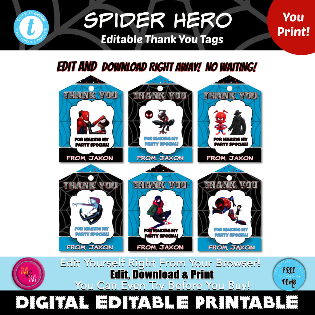 Editable Spider Hero Thank You Favor Tags Printable, Spider Hero Gift ...