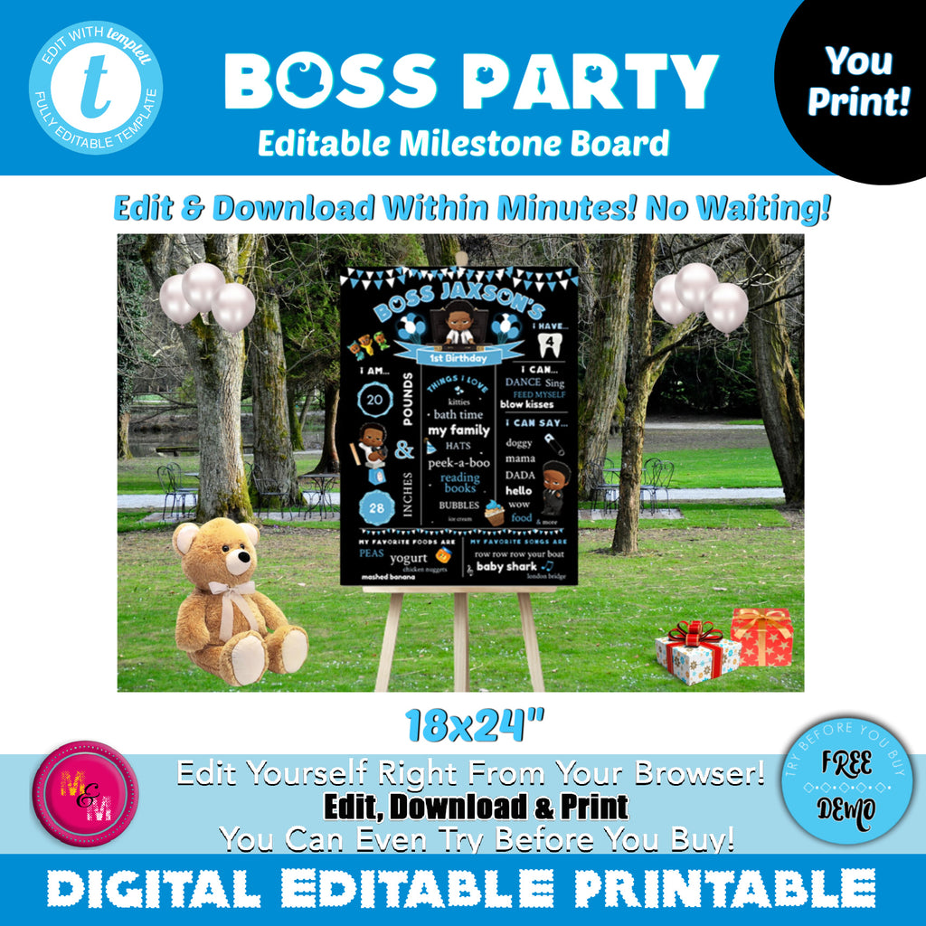 Editable Boss Party Milestone Board 18x24", Boss Party Poster Board ...