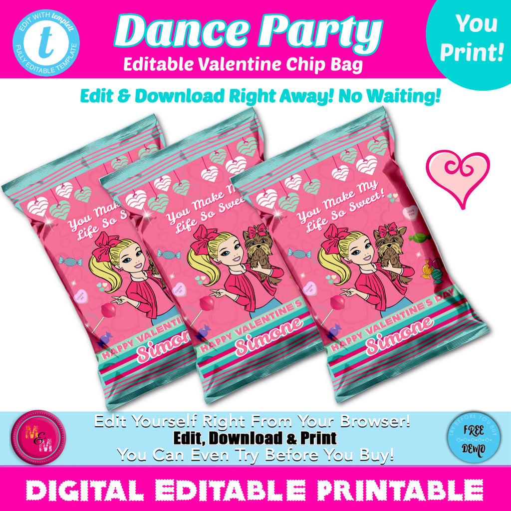 Editable Dance Party Valentine's Day Chip Favor Bag Printable, Persona ...