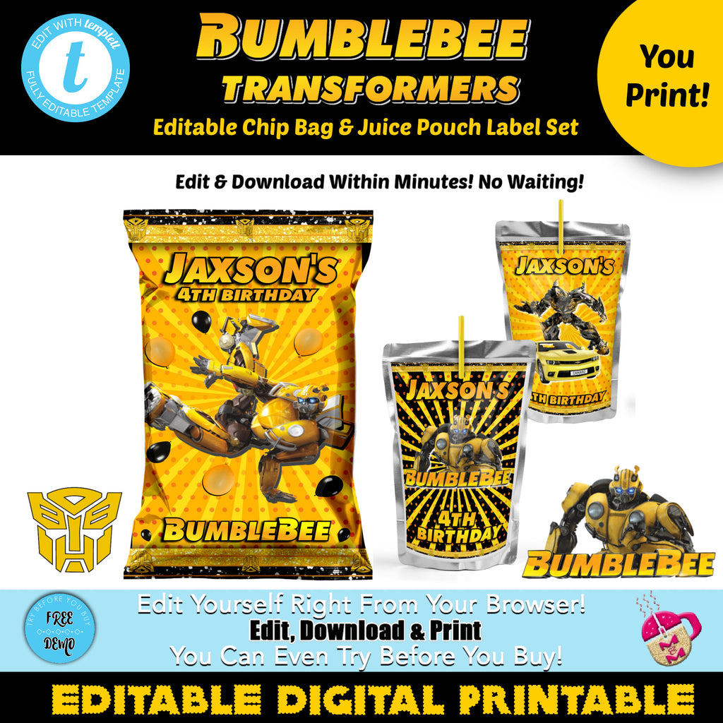 Editable Robot Alien Chip Bag & Juice Pouch Set, Bumblebee Party Favor ...