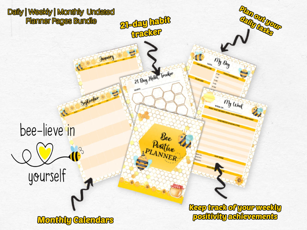 Bee Positive Thinking Daily Planner | Day Week Monthly Bee-Themed Plan – Mug+Mouse Designs