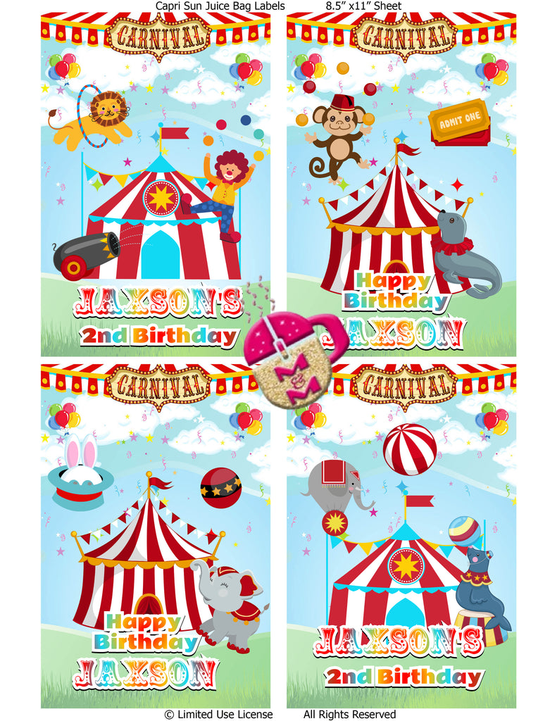 Editable Carnival & Circus Chip Bag & Juice Pouch Set, Carnival & Circ ...