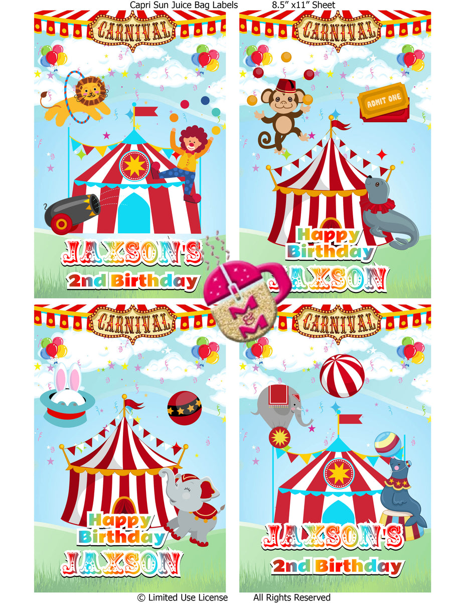 Editable Carnival & Circus Chip Bag & Juice Pouch Set, Carnival & Circ ...