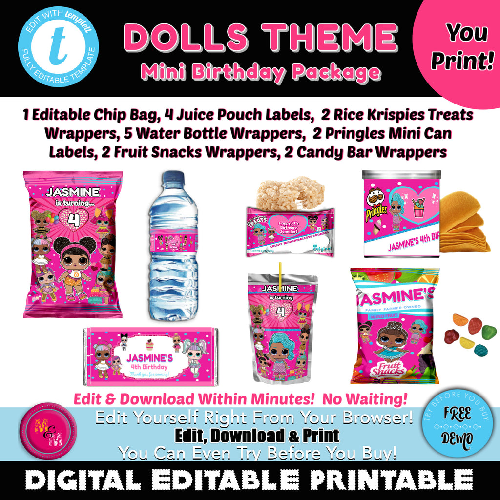 Editable Dolls Theme Birthday Party Kit, Dolls Party Bundle, Dolls The ...