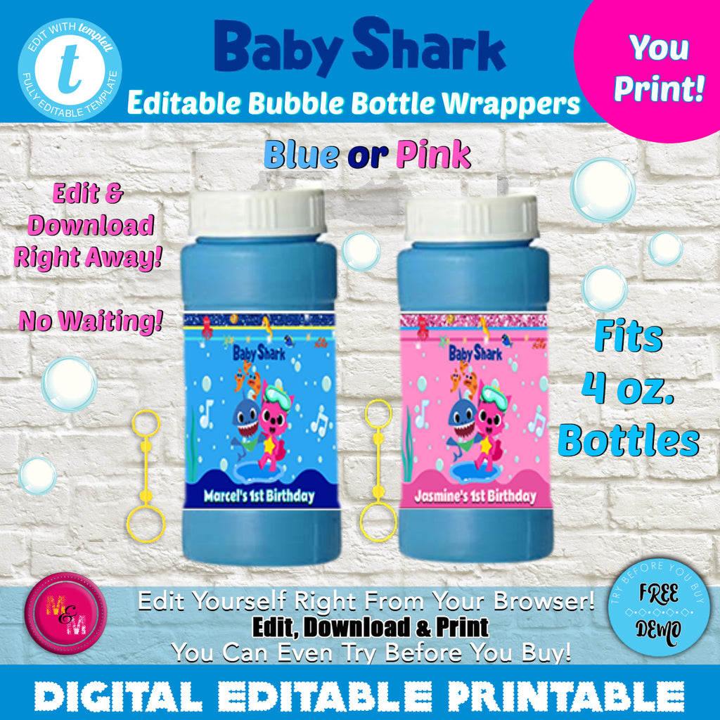 Editable shark party Bubble Bottle Wrappers Printable, shark party Bub ...